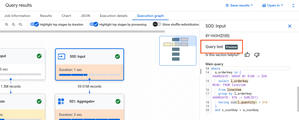 The Execution graph with stage query text.