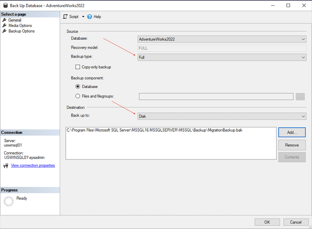 Options de sauvegarde de la base de données SQL.