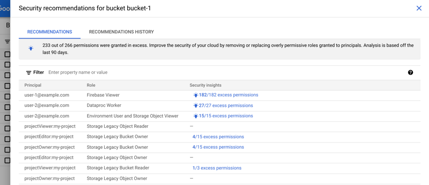 Review and apply role recommendations for Cloud Storage buckets ...