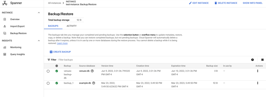 Back up and restore databases with the Google Cloud console | Cloud Spanner