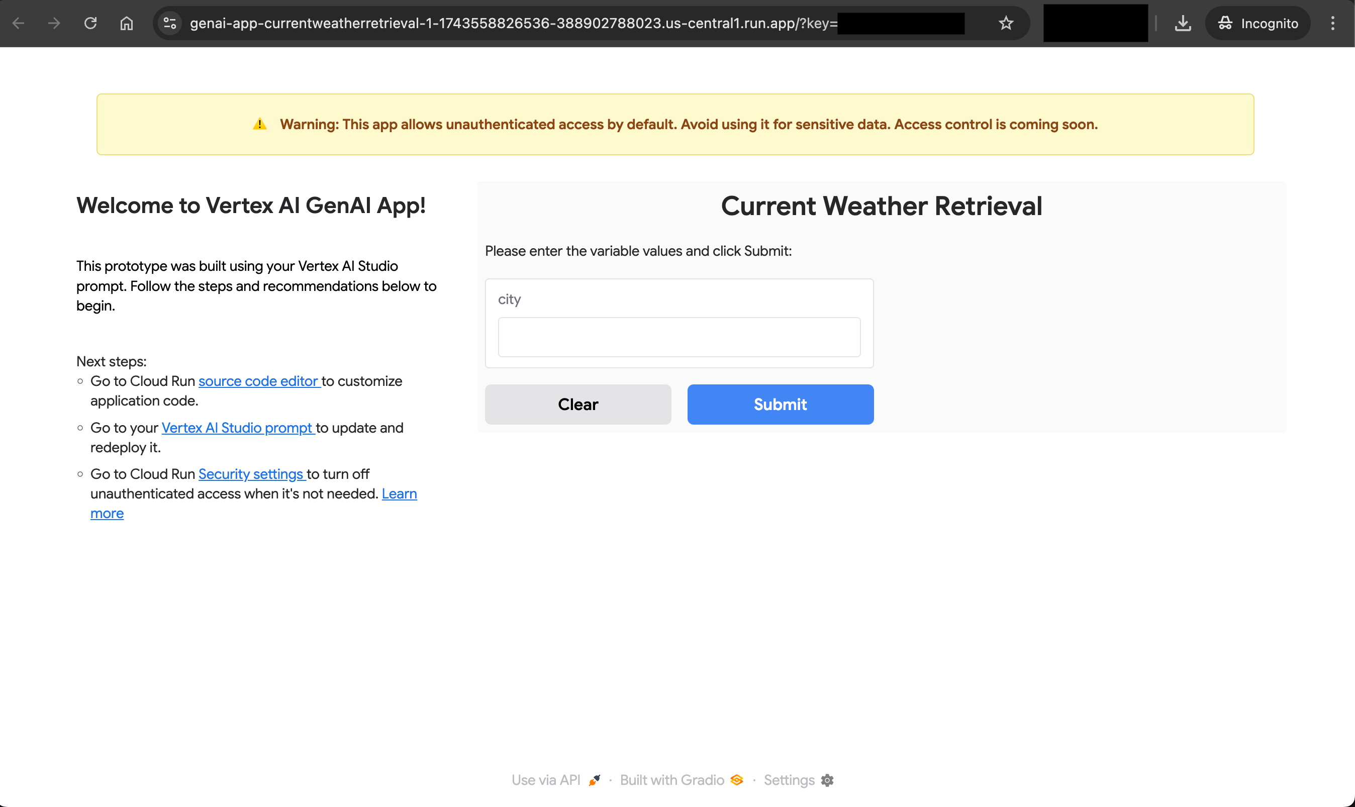 Abra o aplicativo da Web na caixa de diálogo &quot;Gerenciar app&quot;. A chave secreta é anexada ao URL.