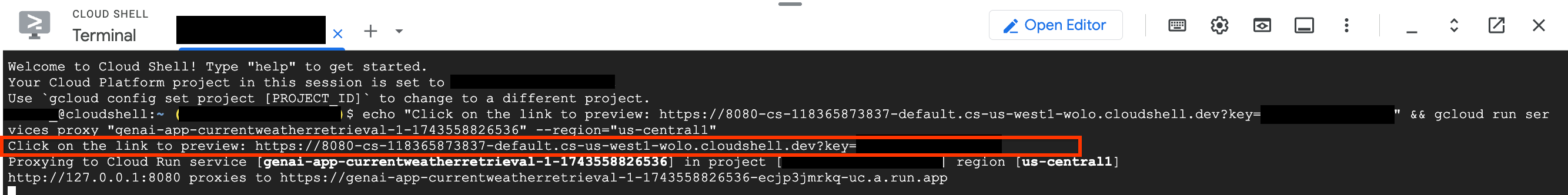Cloud Shell 中的本機存取連結